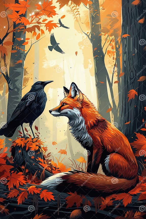 A Painting of a Fox and a Crow in a Forest Stock Image - Image of ...