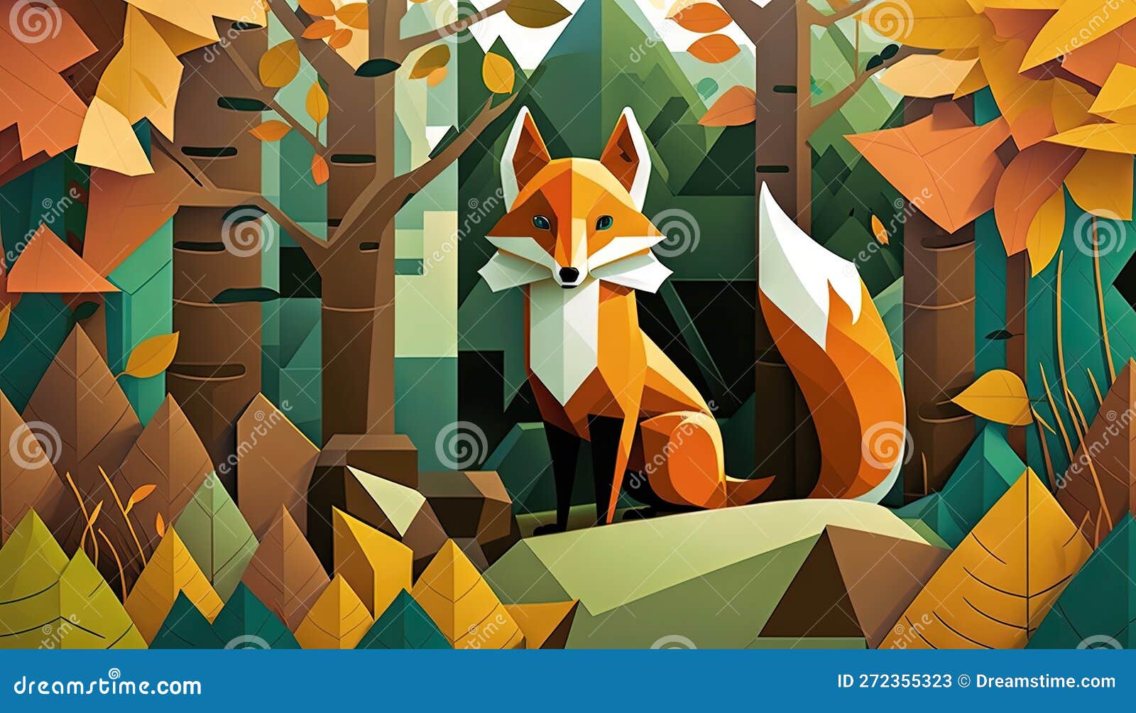 A Painting of a Fox in a Forest Surrounded by Trees Stock Illustration ...