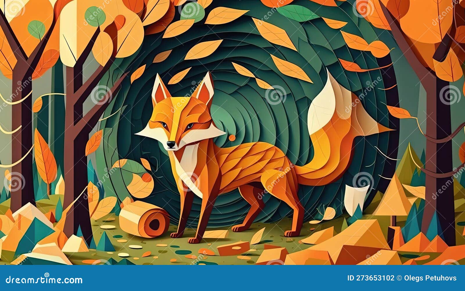 A Painting of a Fox in a Forest Surrounded by Trees Stock Illustration ...
