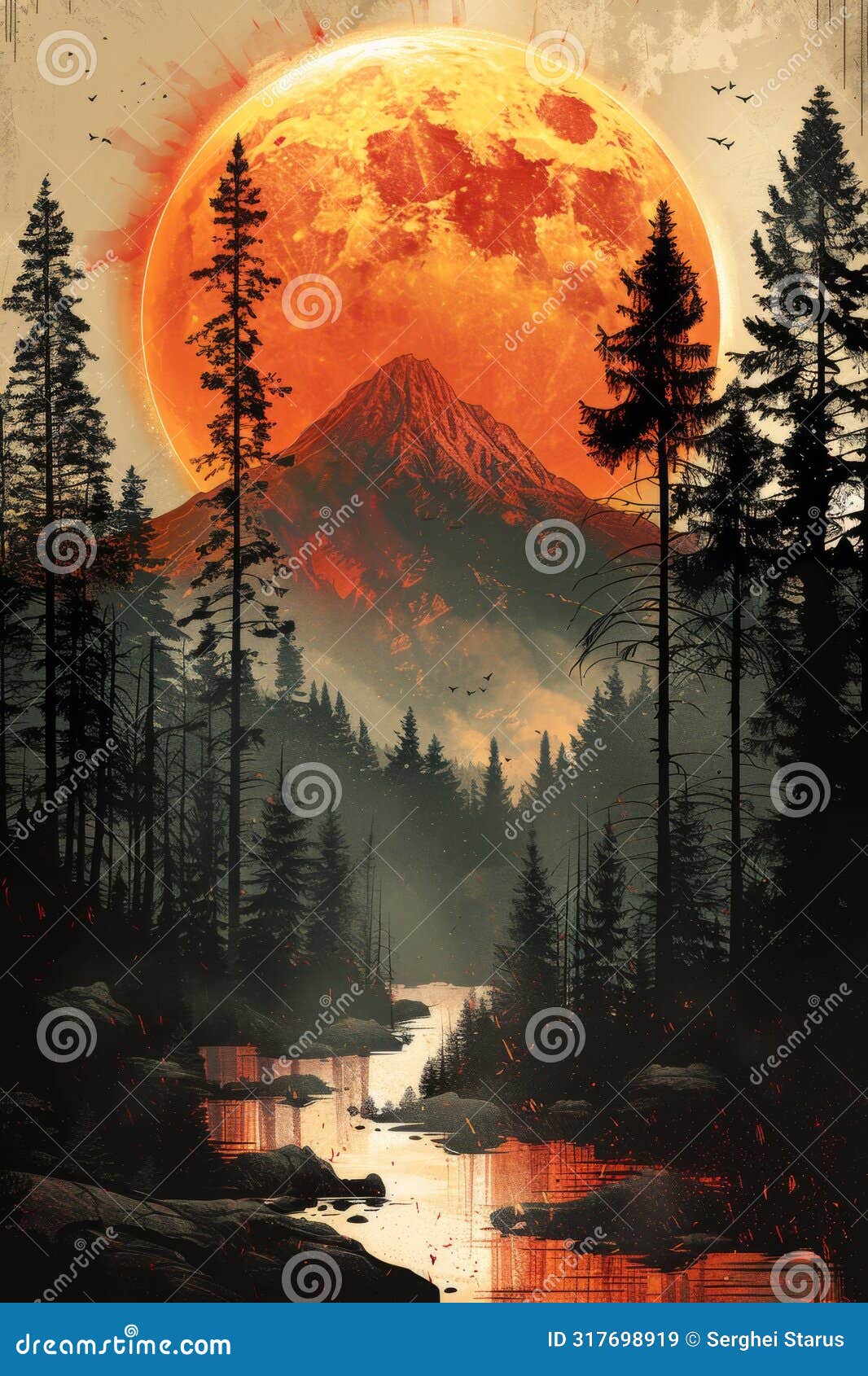 A Painting of a Full Moon Over the Forest with Trees and Water, AI ...
