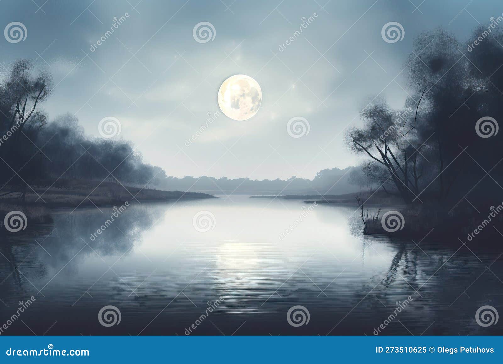 A Painting of a Full Moon Over a Lake with Trees Stock Image - Image of ...