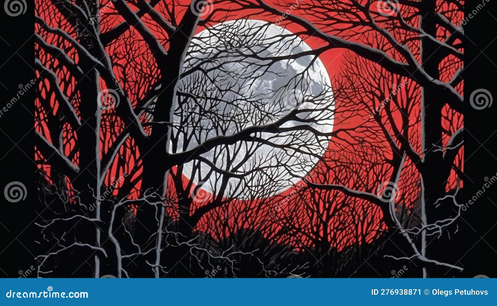 A Painting of a Full Moon in a Red and Black Forest with Bare Trees in ...