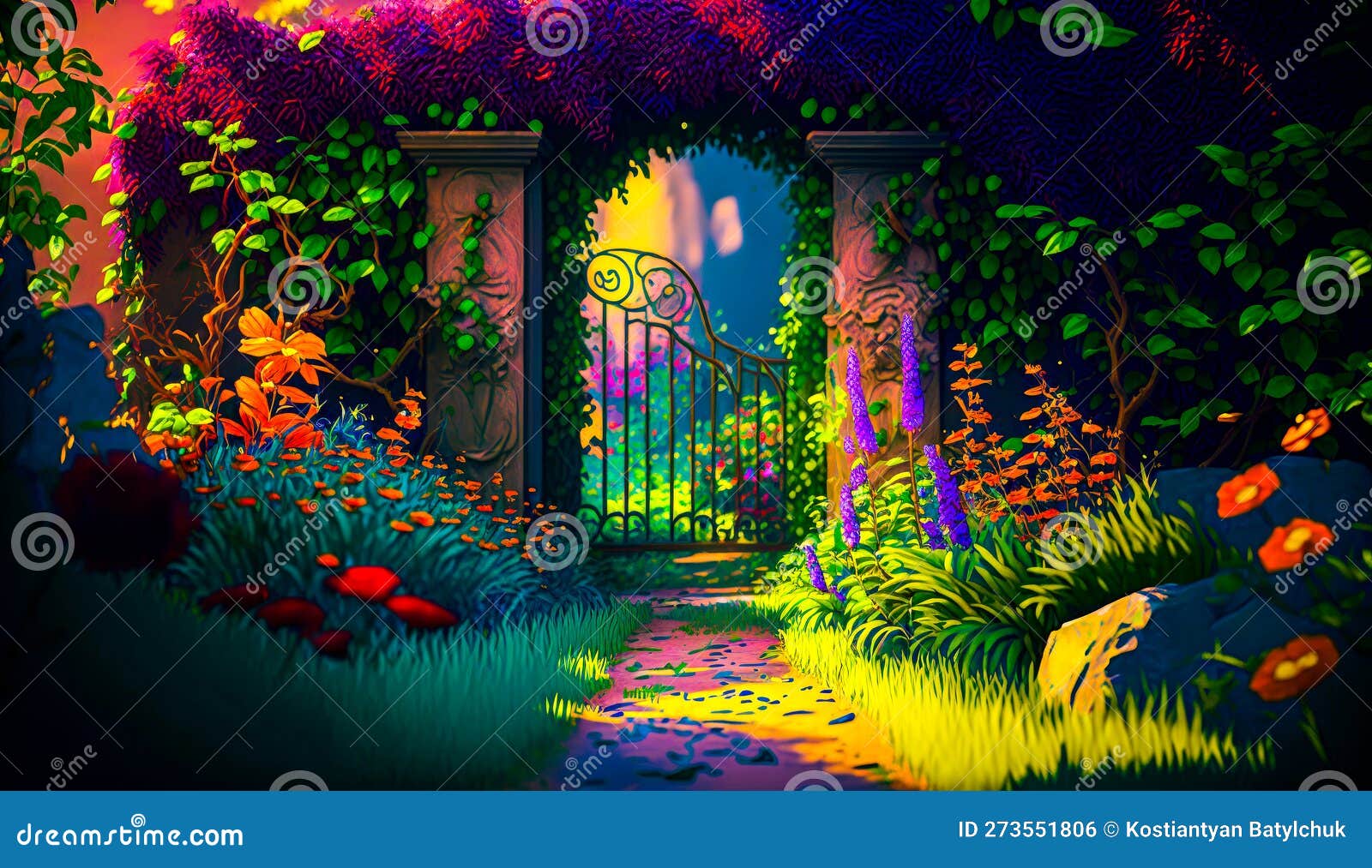Painting of Garden with Gate. Generative AI Stock Illustration ...