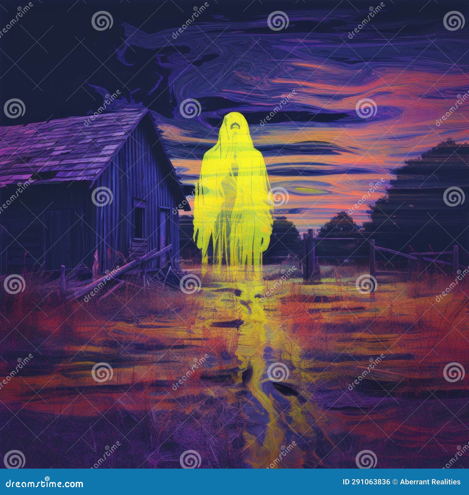 A Painting of a Ghost Standing in Front of a Barn Stock Illustration ...