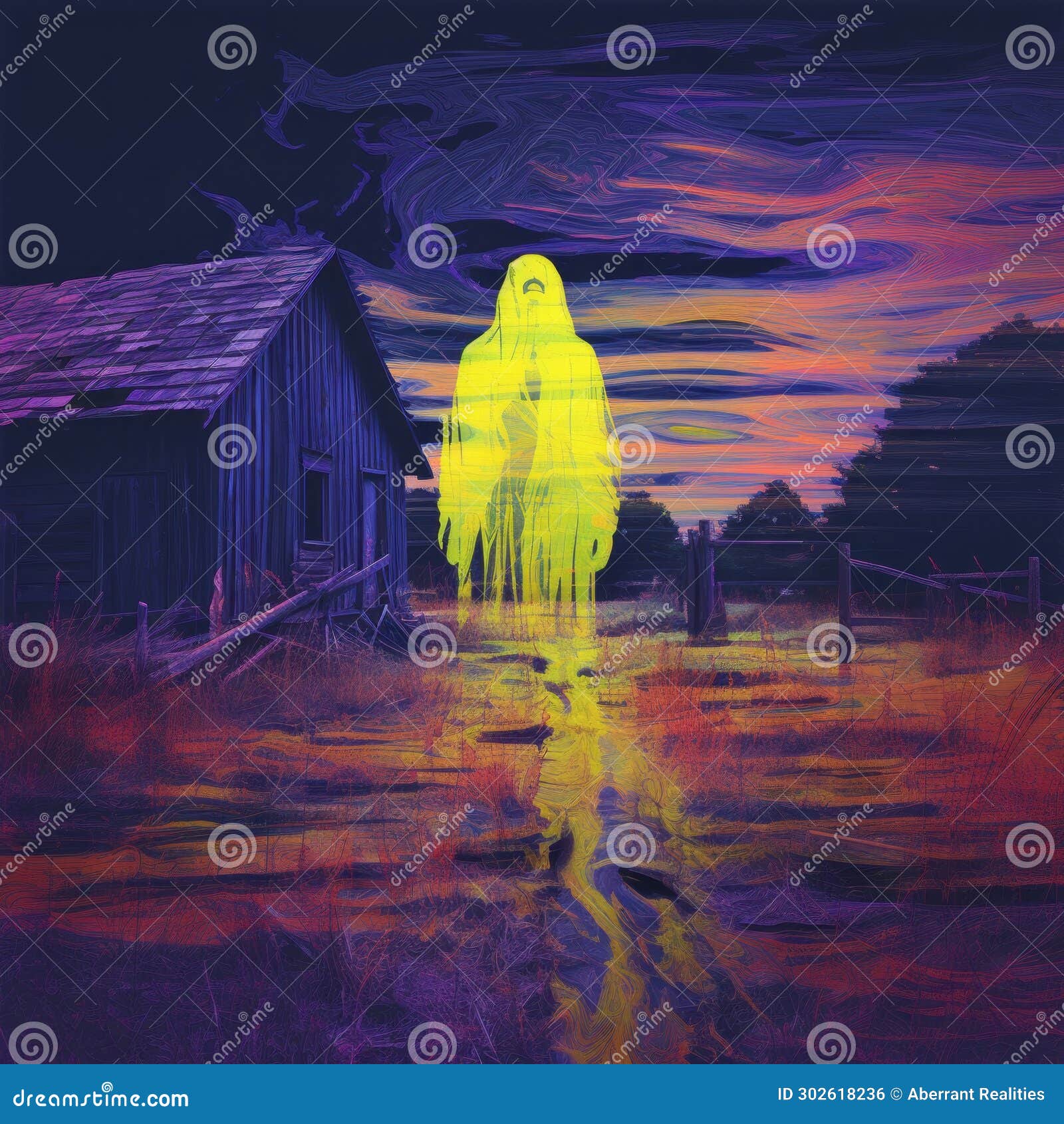 A Painting of a Ghost Standing in Front of a Barn Stock Illustration ...