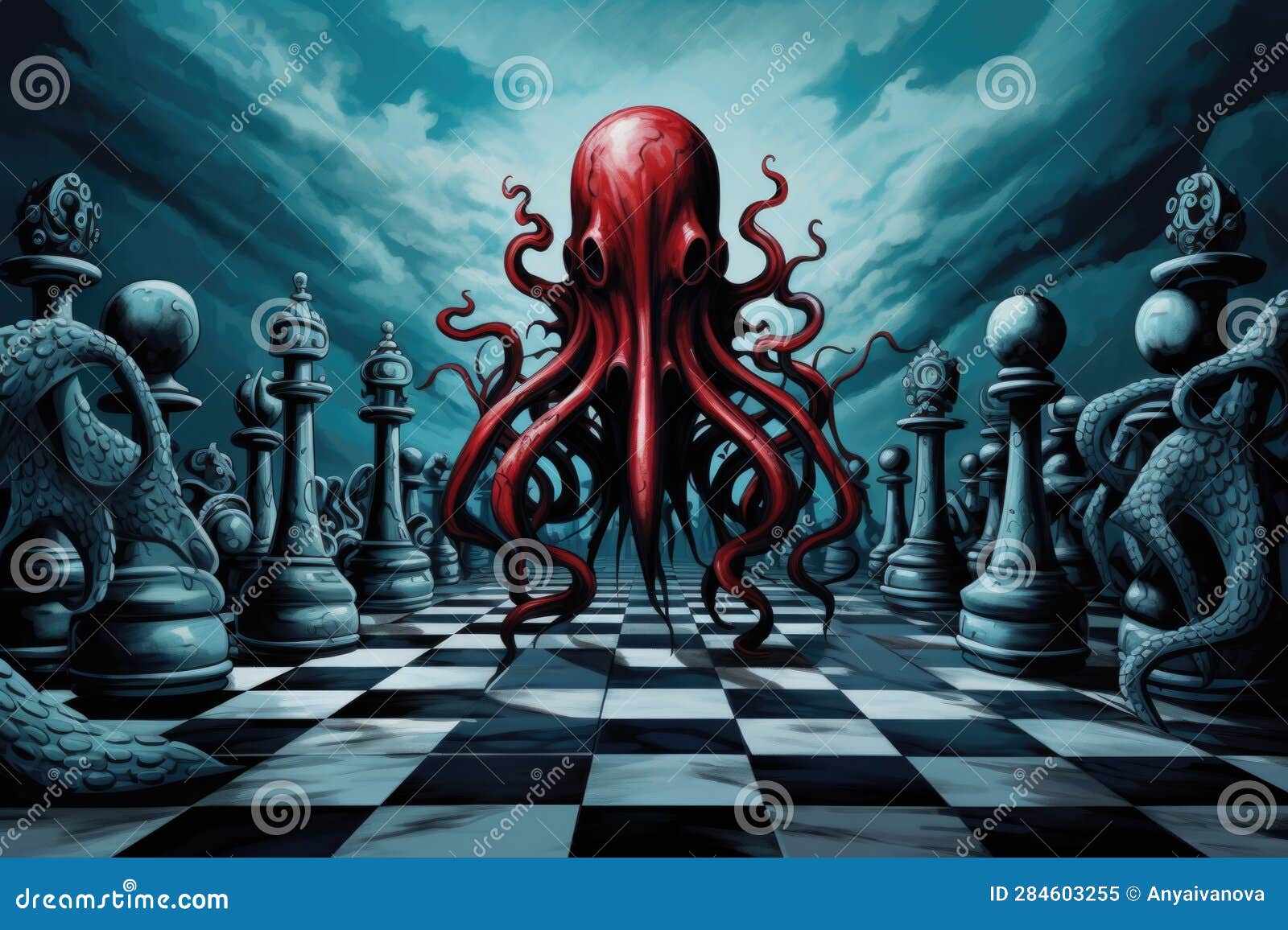 A Painting of a Giant Octopus on a Chess Board. Generative AI Stock ...