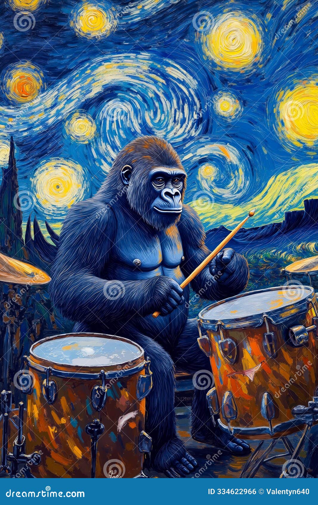 A Painting of a Gorilla Playing Drums in Front of a Starry Night Sky ...