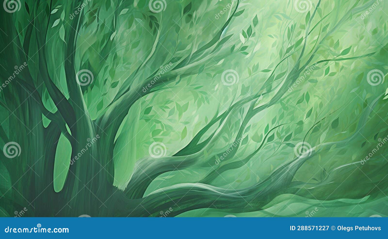 A Painting of a Green Forest with a Tree in the Foreground Stock ...