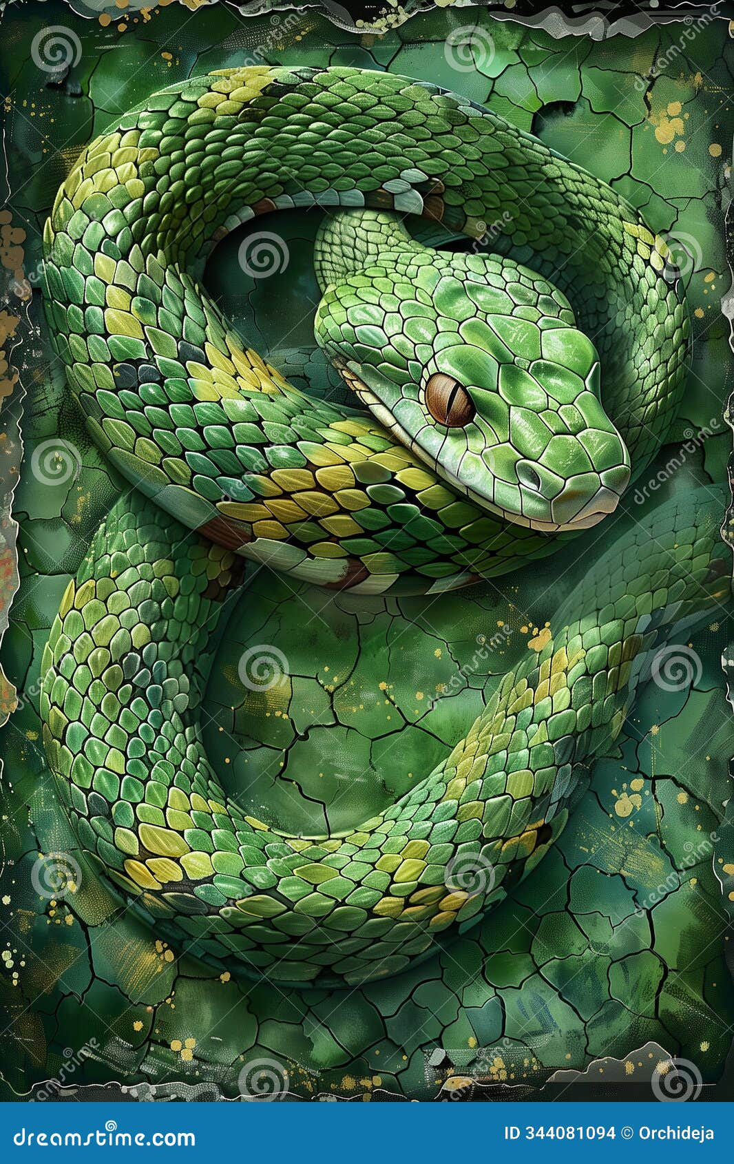 Painting of a Green Snake Slithering on a Green Background Stock Photo ...