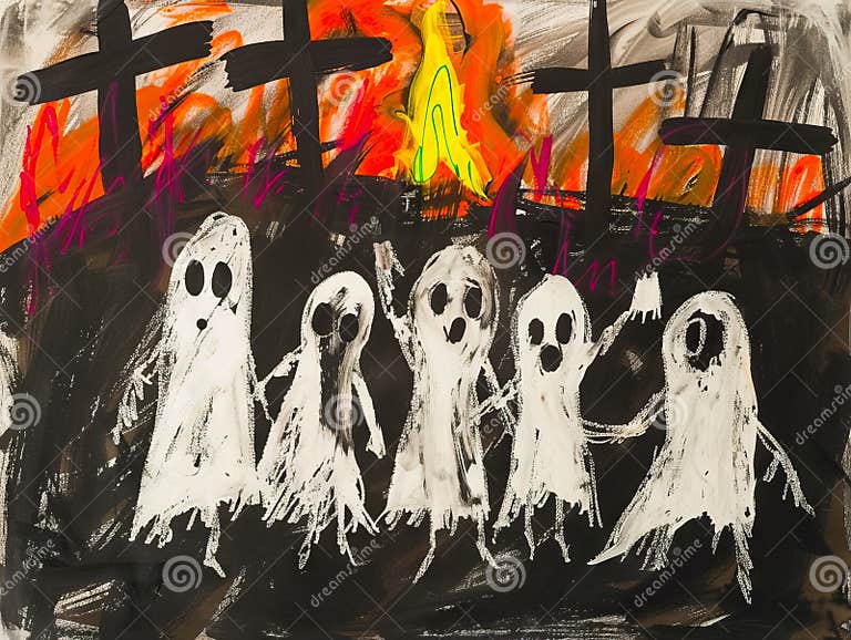 A Painting of a Group of Ghosts in Front of a Fire Stock Image - Image ...