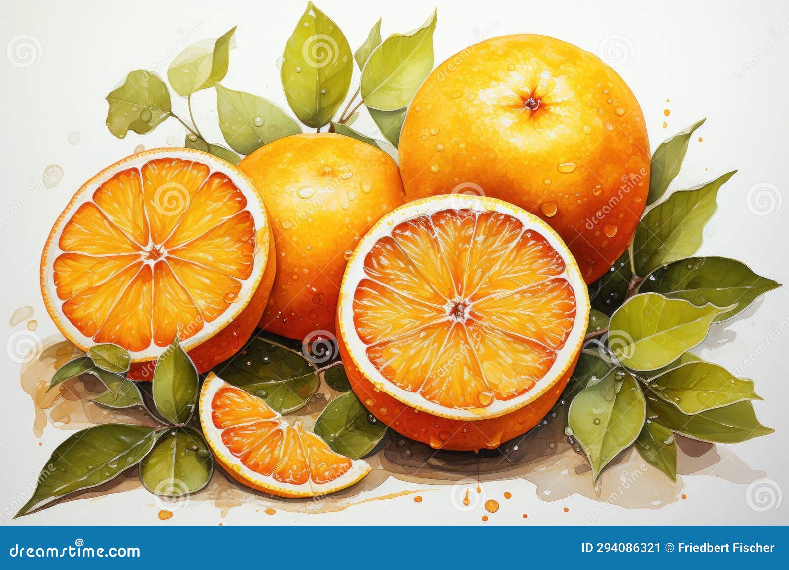 A Painting of a Group of Oranges with Leaves. Stock Image - Image of ...