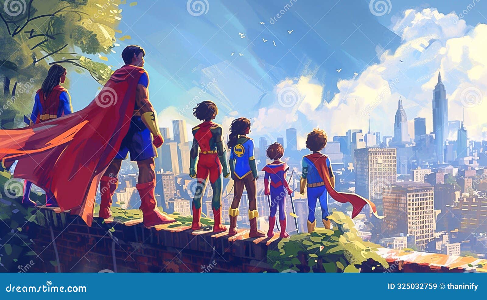 A Painting of a Group of Superheros Standing on a Ledge Stock ...