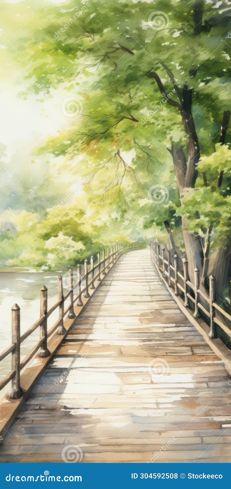 Hyper Realistic Watercolor Illustration of Greenway Walkway Bridge ...