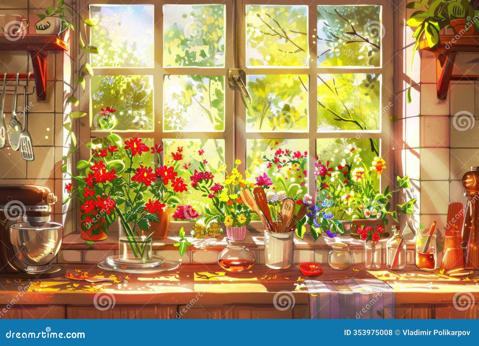 A Painting of a Kitchen Counter with a Window, Suitable for Interior ...