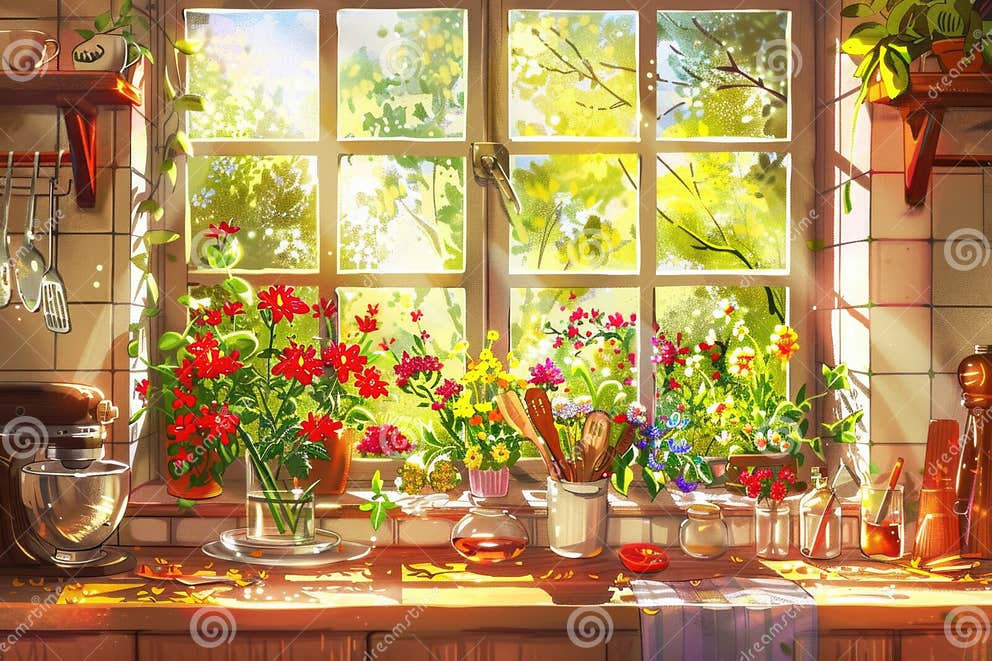 A Painting of a Kitchen Counter with a Window, Suitable for Interior ...