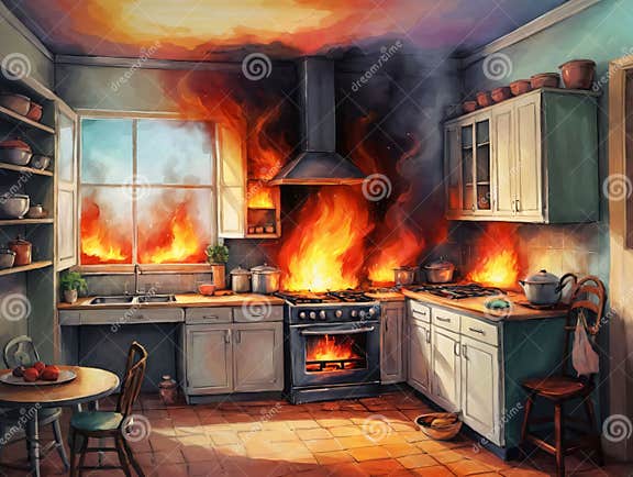 A Painting of a Kitchen on Fire. Generative AI Stock Illustration ...