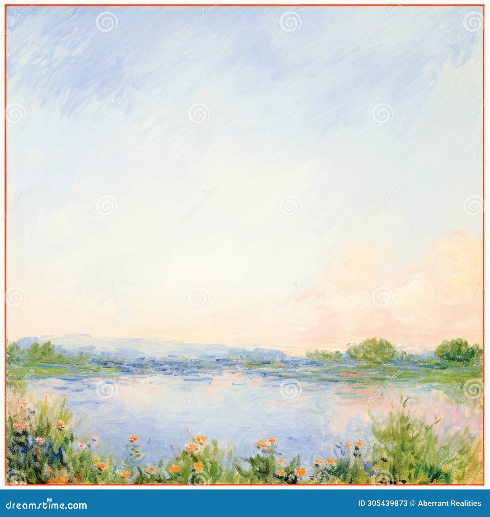 A Painting of a Lake with Flowers and Grass Stock Illustration ...