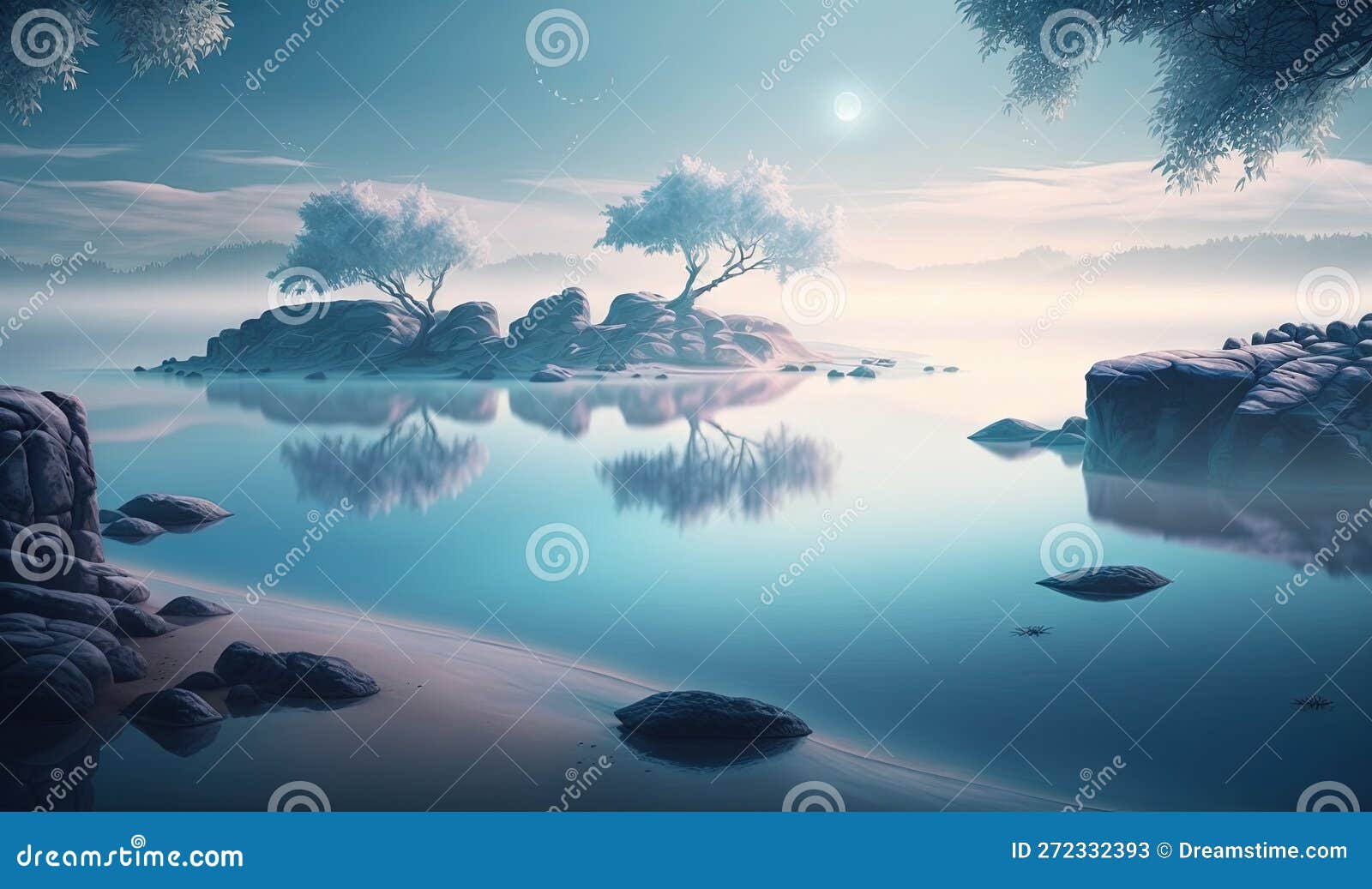 A Painting of a Lake with Rocks and Trees in it Stock Image - Image of ...