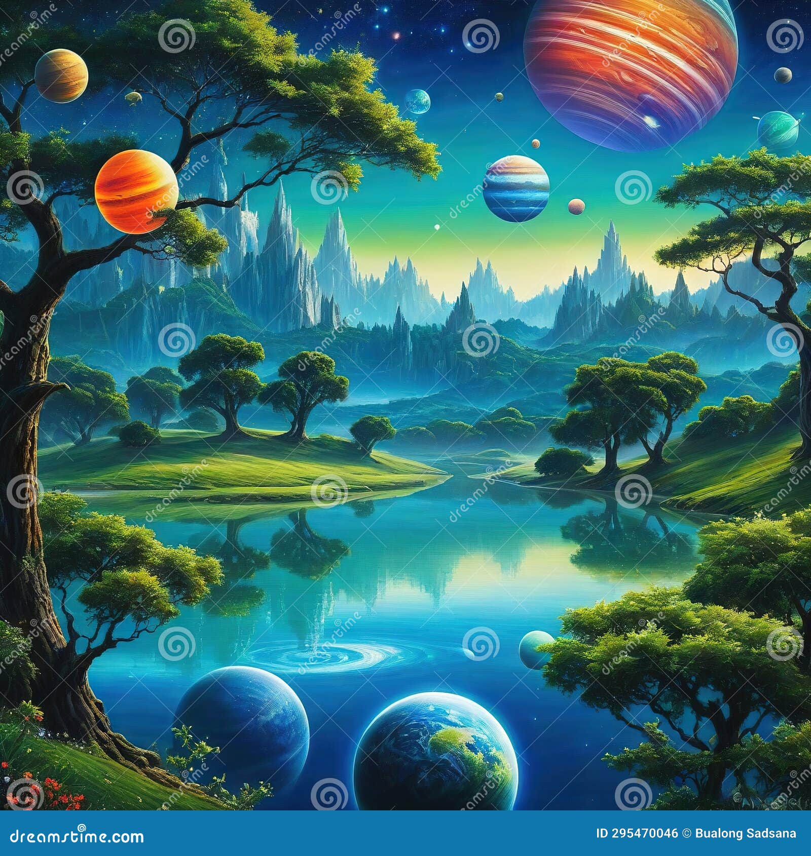 Painting of Landscape with Trees and Planets in Stock Illustration ...