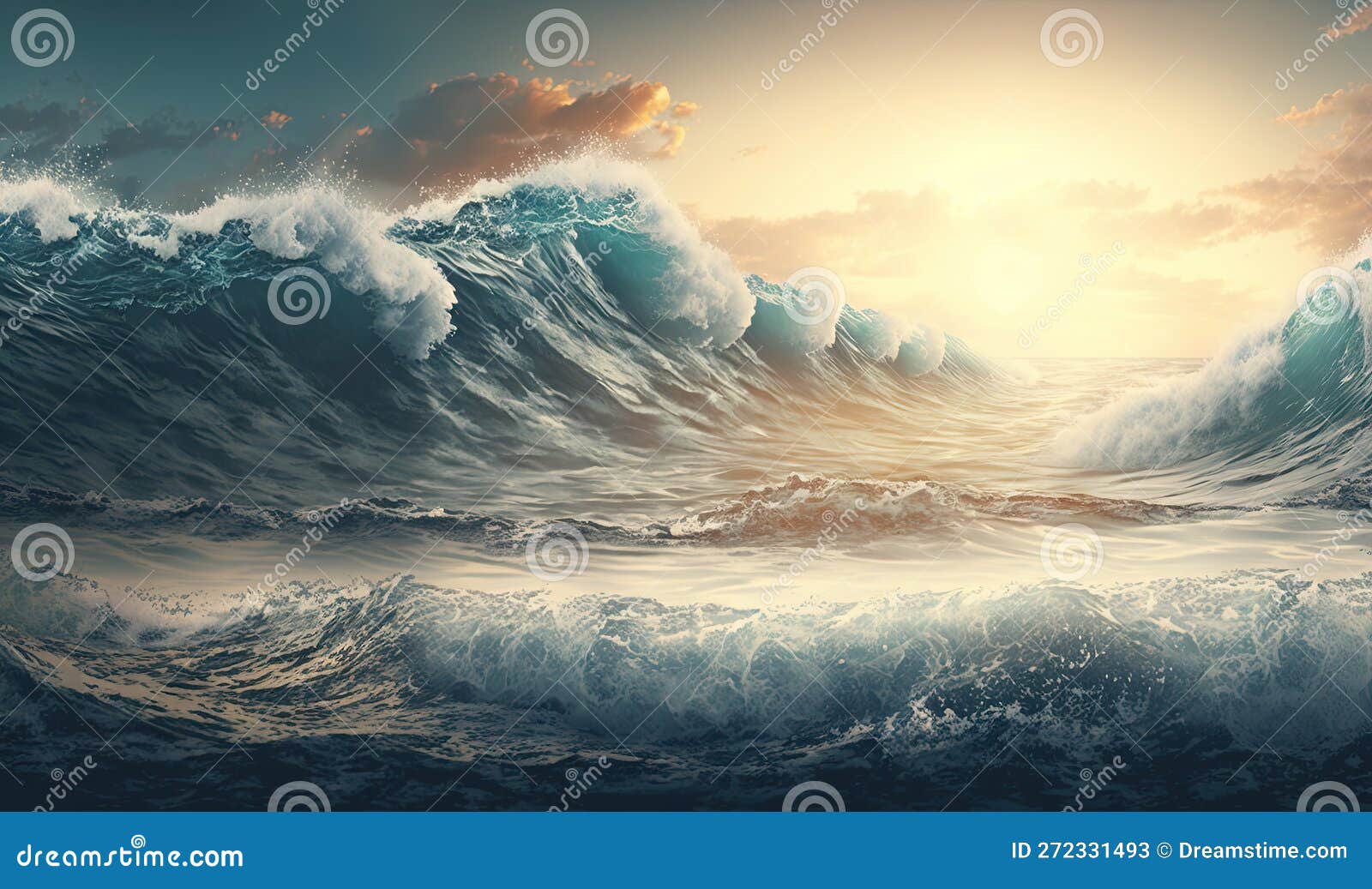 A Painting of a Large Ocean Wave with a Sun in the Background Stock ...