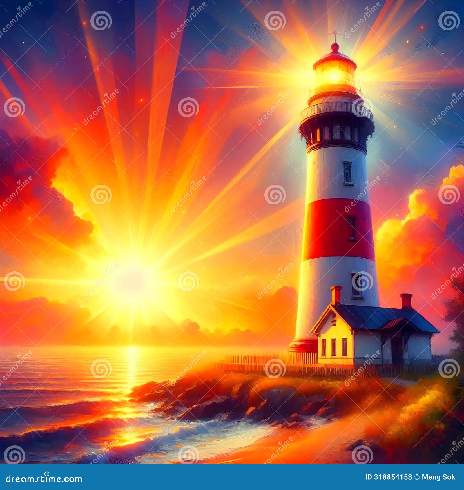Painting of a Lighthouse on a Rocky Beach with the Sun Setting. Stock ...