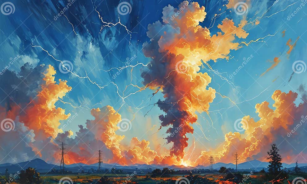 Painting Lightning Storm Over Field Stock Illustration - Illustration ...