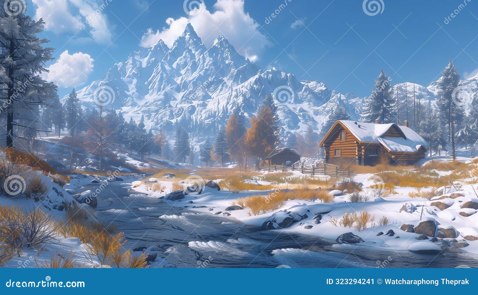 Painting, Log Cabin, Mountains, Snow on Ground Stock Illustration ...