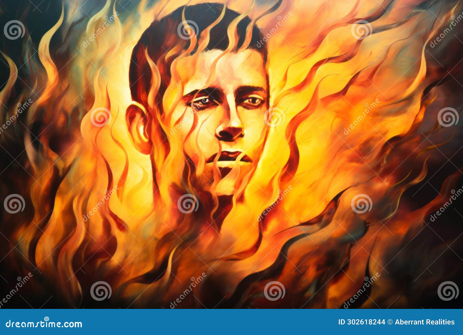 A Painting of a Man with Fire on His Face Stock Illustration ...