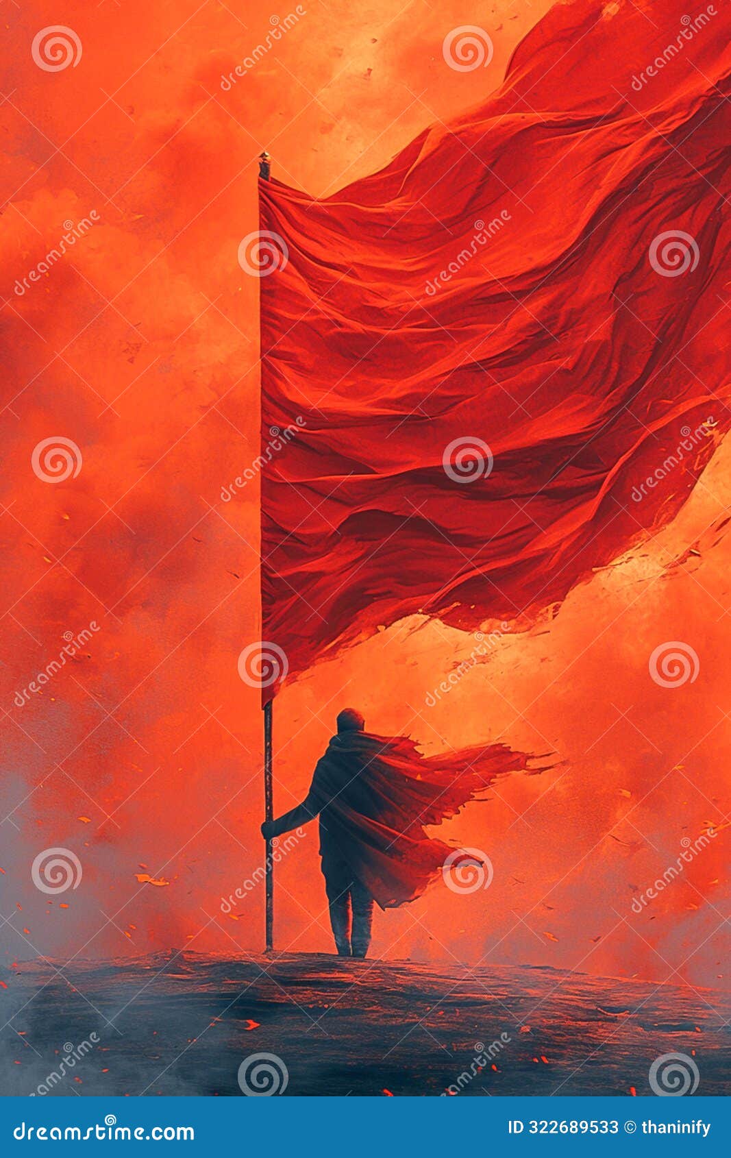 A Painting of a Man Holding a Red Flag on Top of a Hill Stock ...