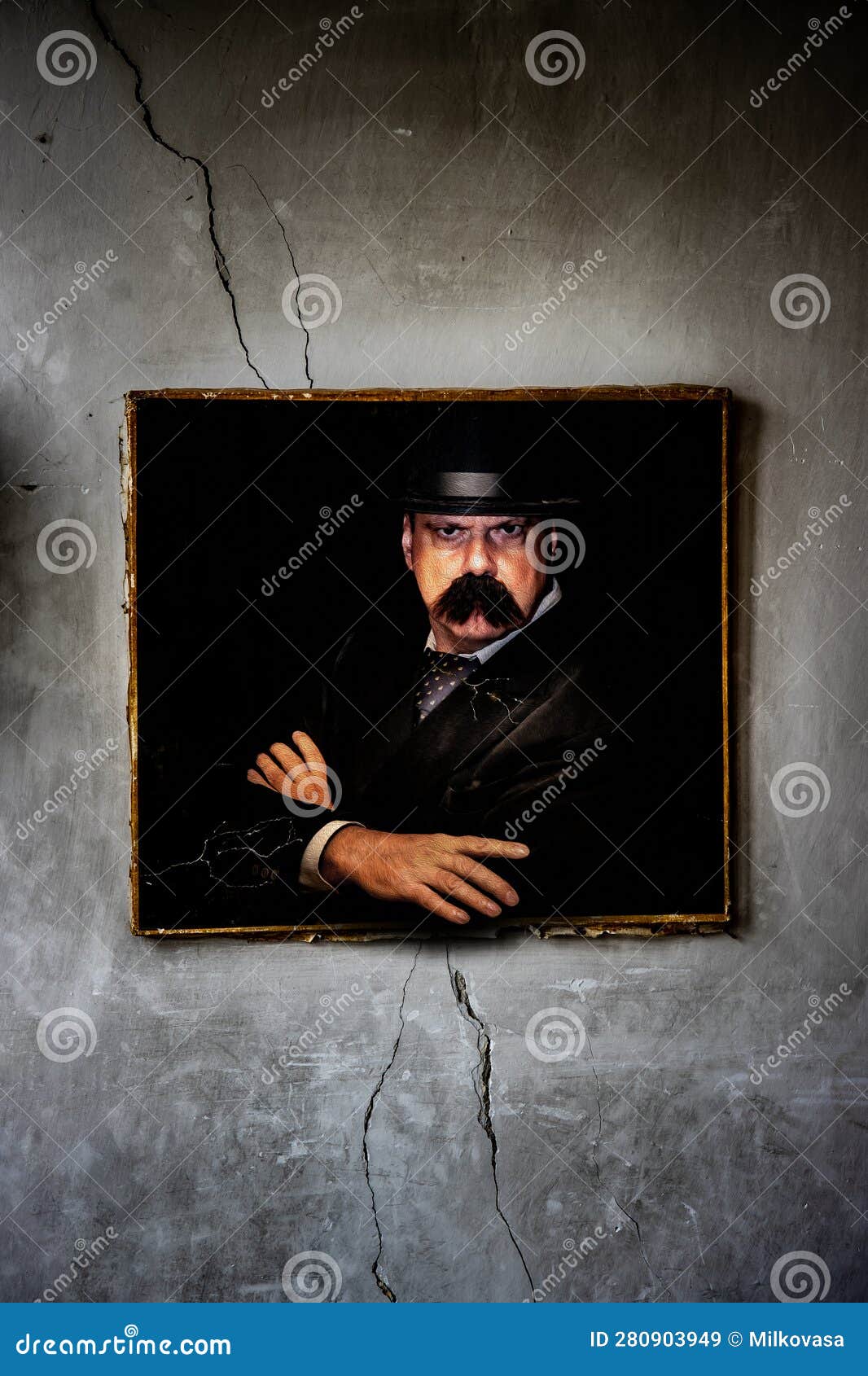 A Painting of a Man with a Mustache Hangs on a Broken Wall Stock Image ...