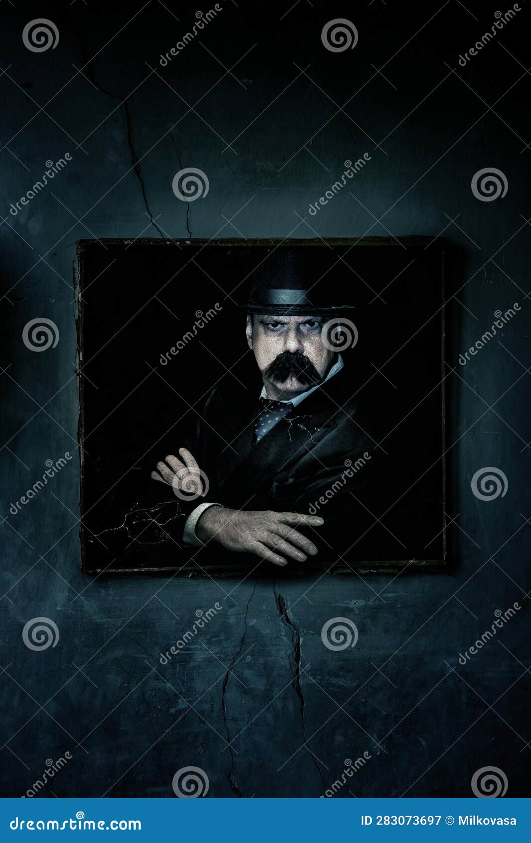 A Painting of a Man with a Mustache Hangs on a Broken Wall Stock Image ...