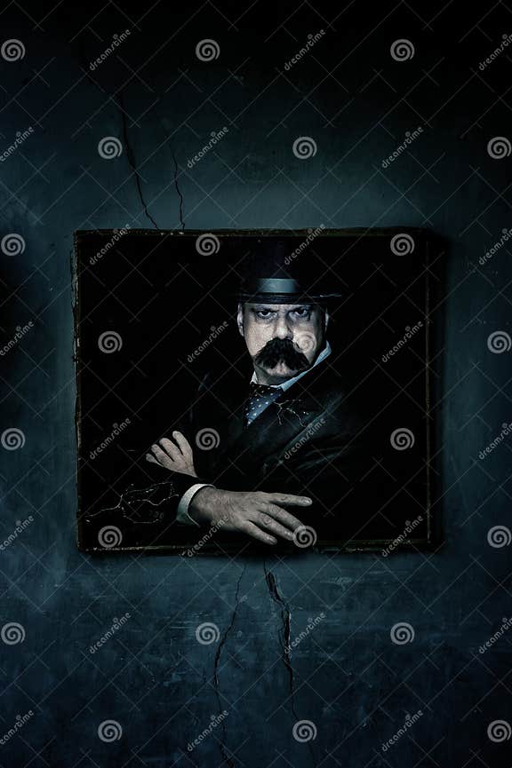 A Painting of a Man with a Mustache Hangs on a Broken Wall Stock Image ...