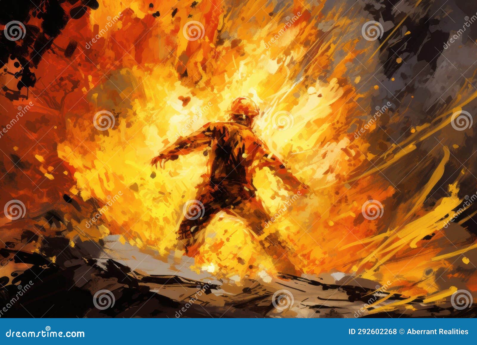 A Painting of a Man Standing in Front of a Fire Stock Illustration ...