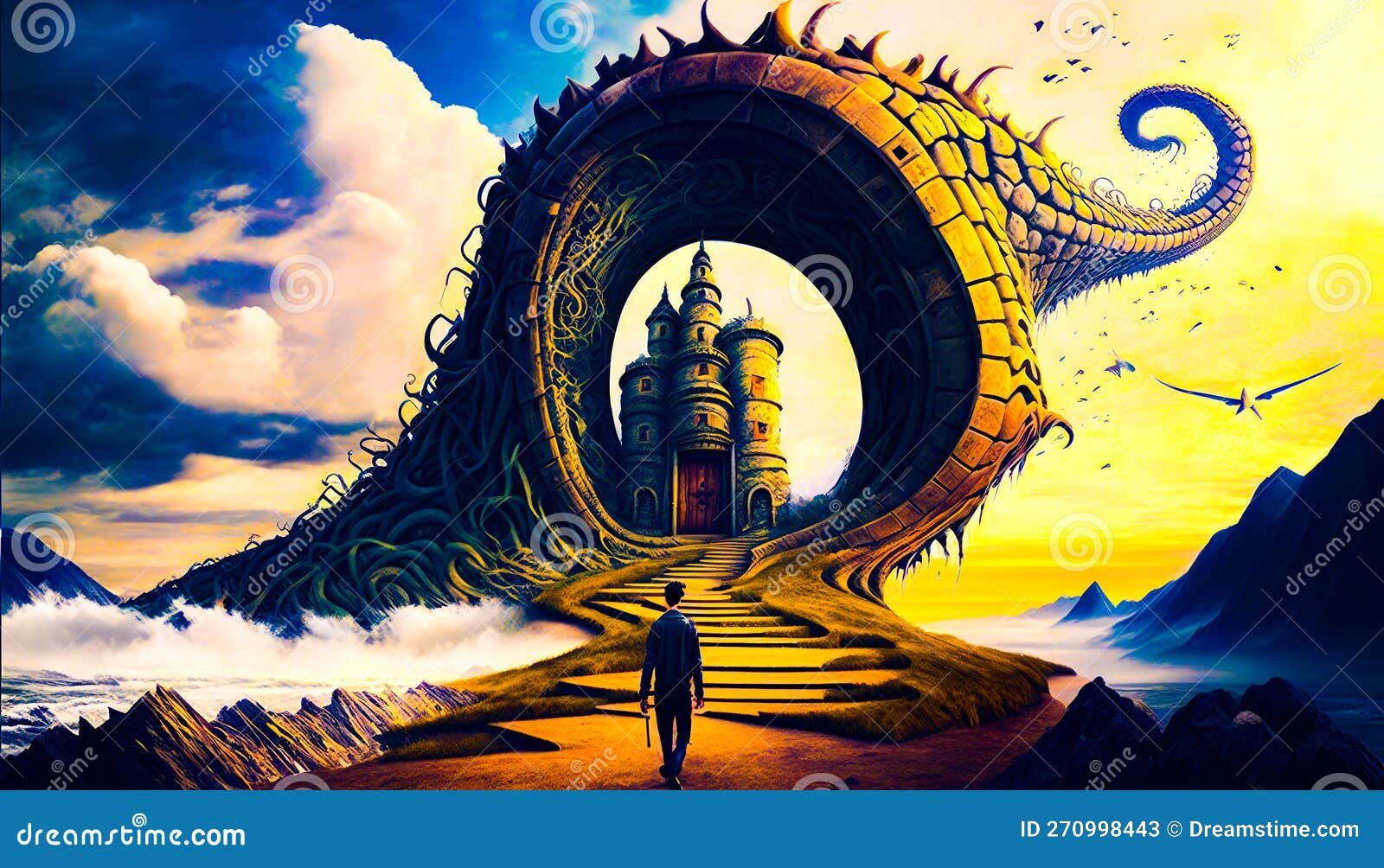 Painting of Man Standing in Front of Giant Structure. Fantasy Stock ...