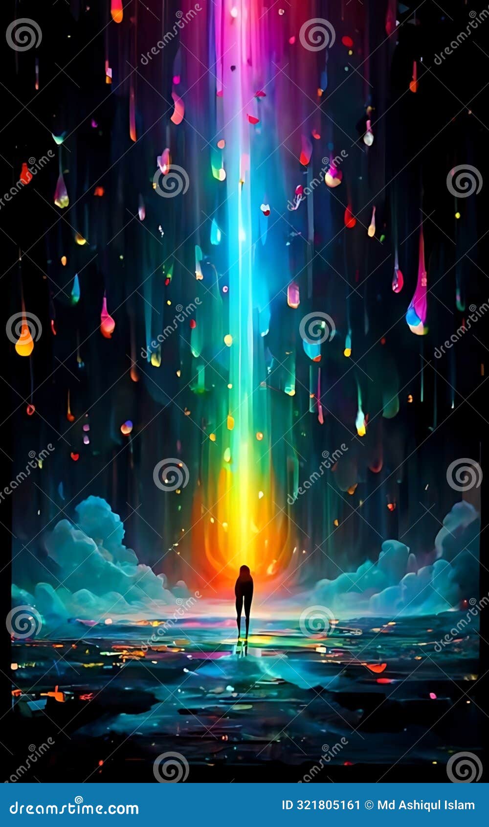 A Painting of a Man Standing Under a Rainbow of Light Stock ...
