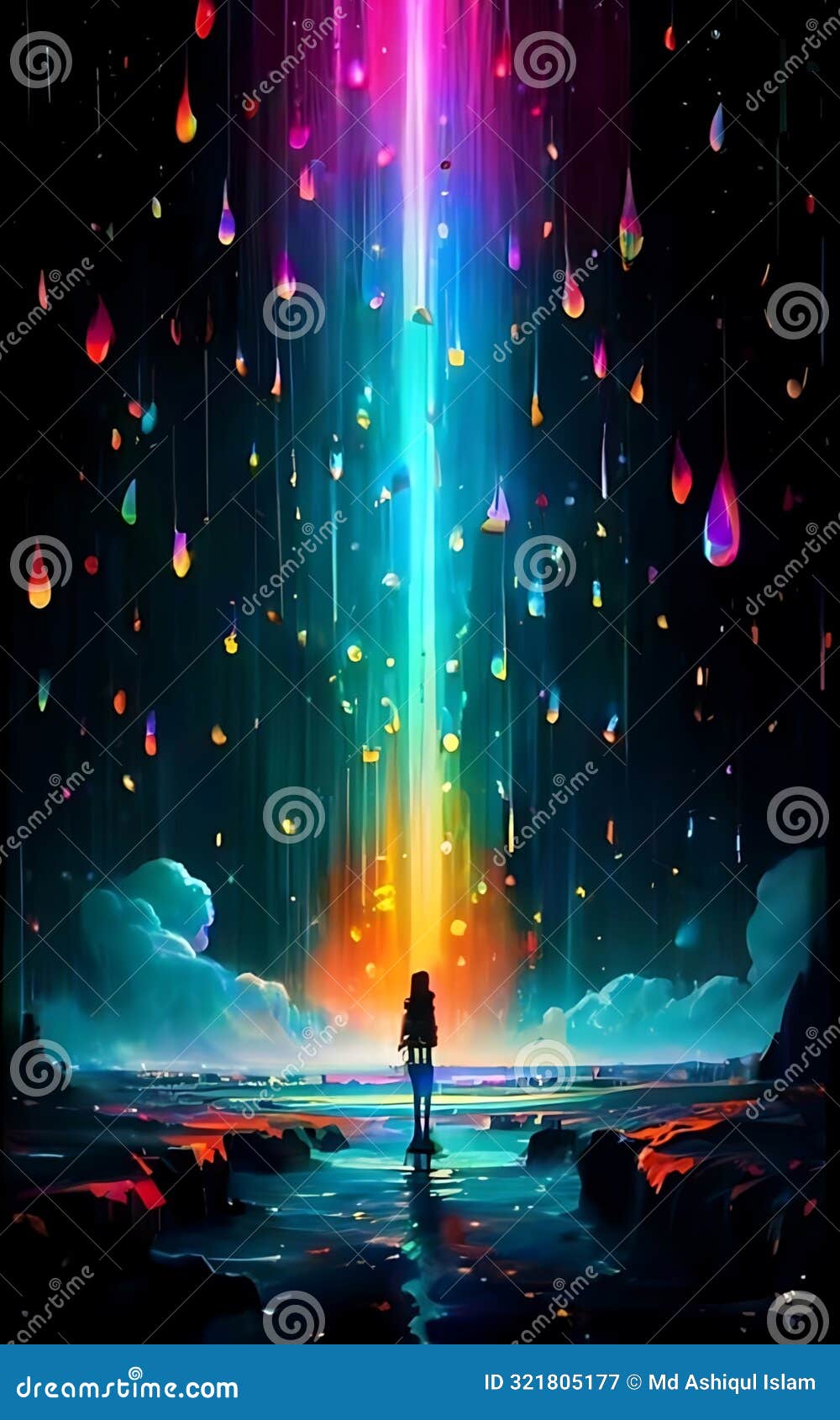 A Painting of a Man Standing Under a Rainbow of Light Stock ...