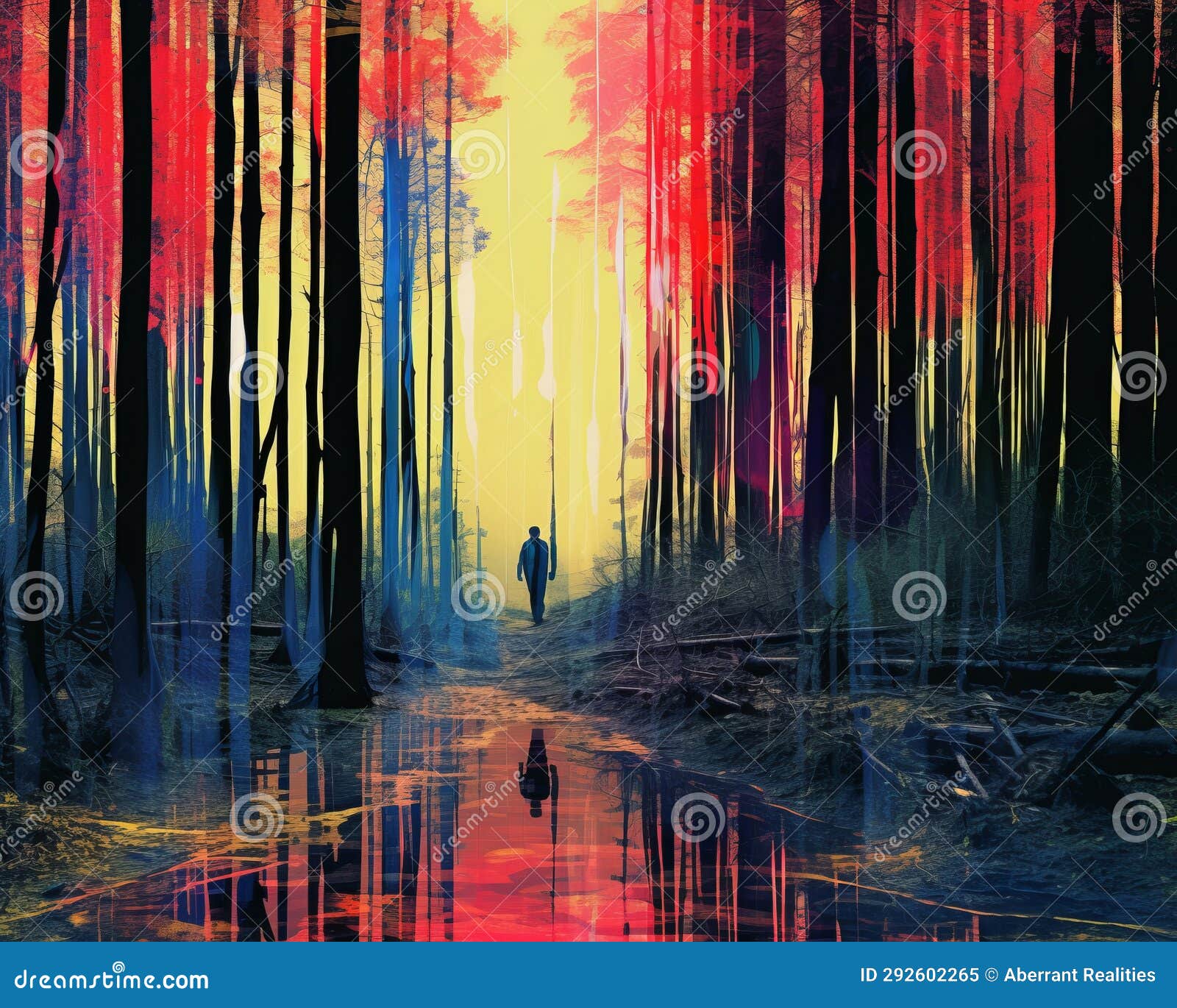 A Painting of a Man Walking through a Forest Stock Illustration ...