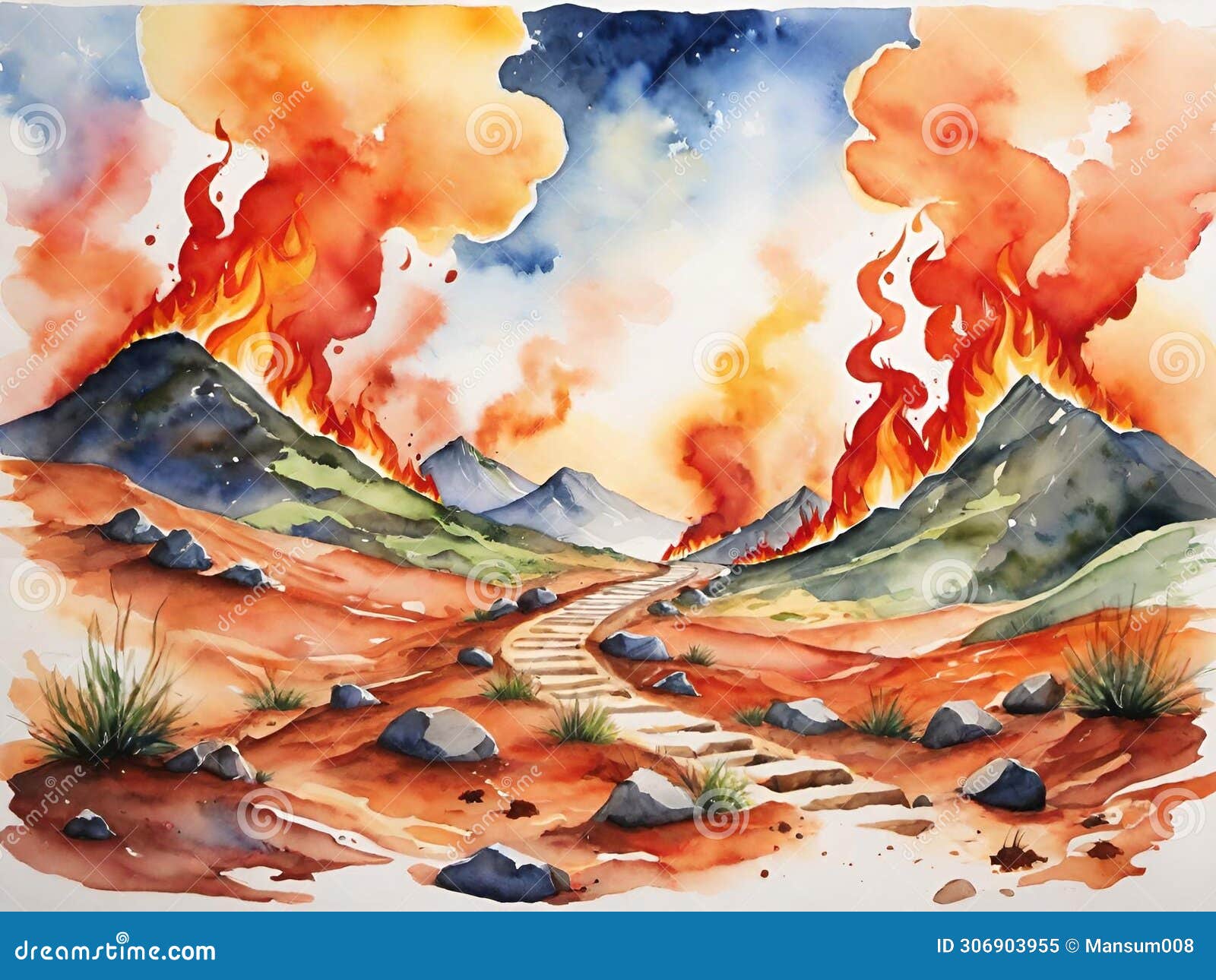 A Painting of a Mountain with a Fire Stock Illustration - Illustration ...