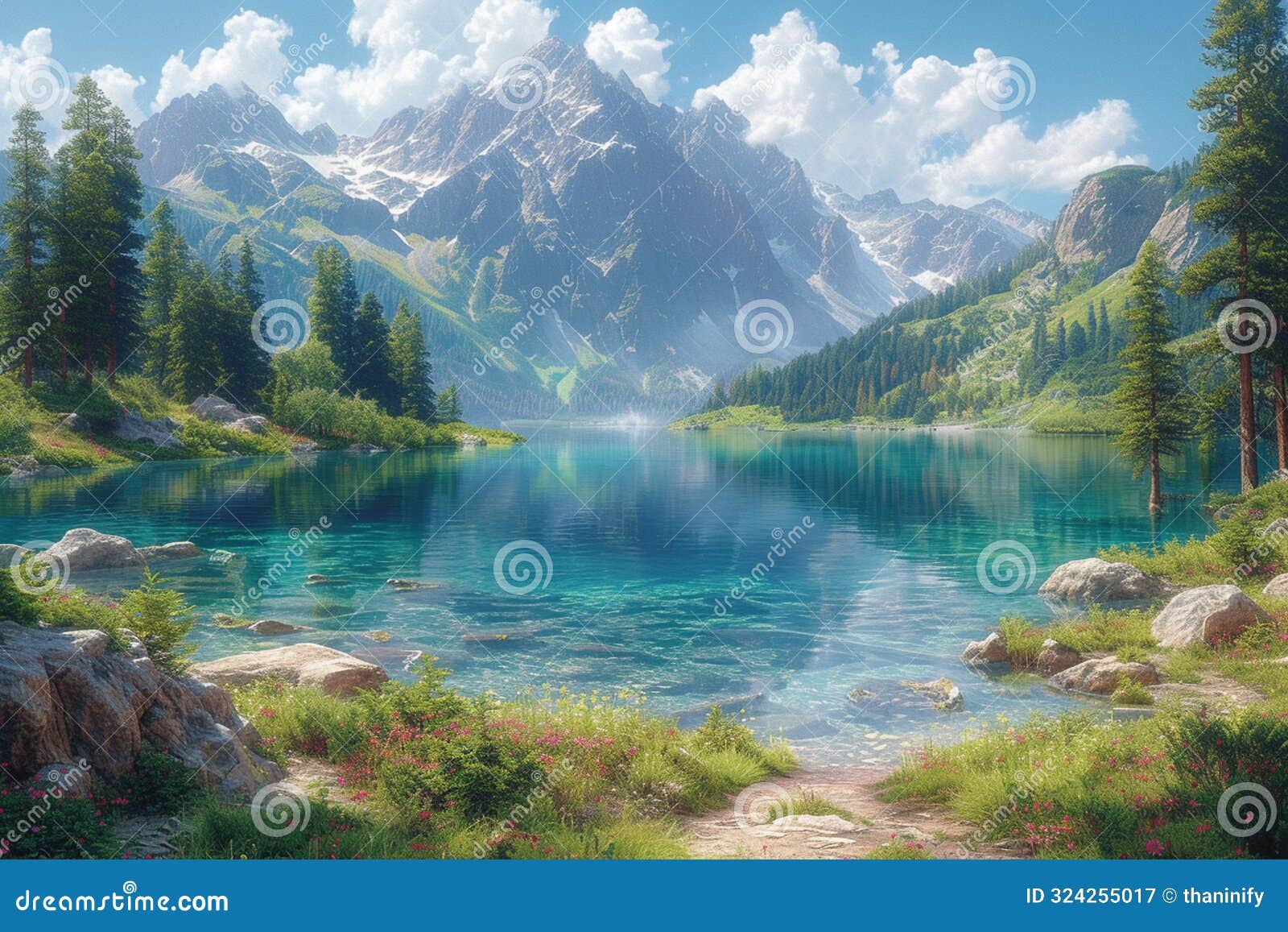 Painting of a Mountain Lake with a Path Leading To it Stock ...