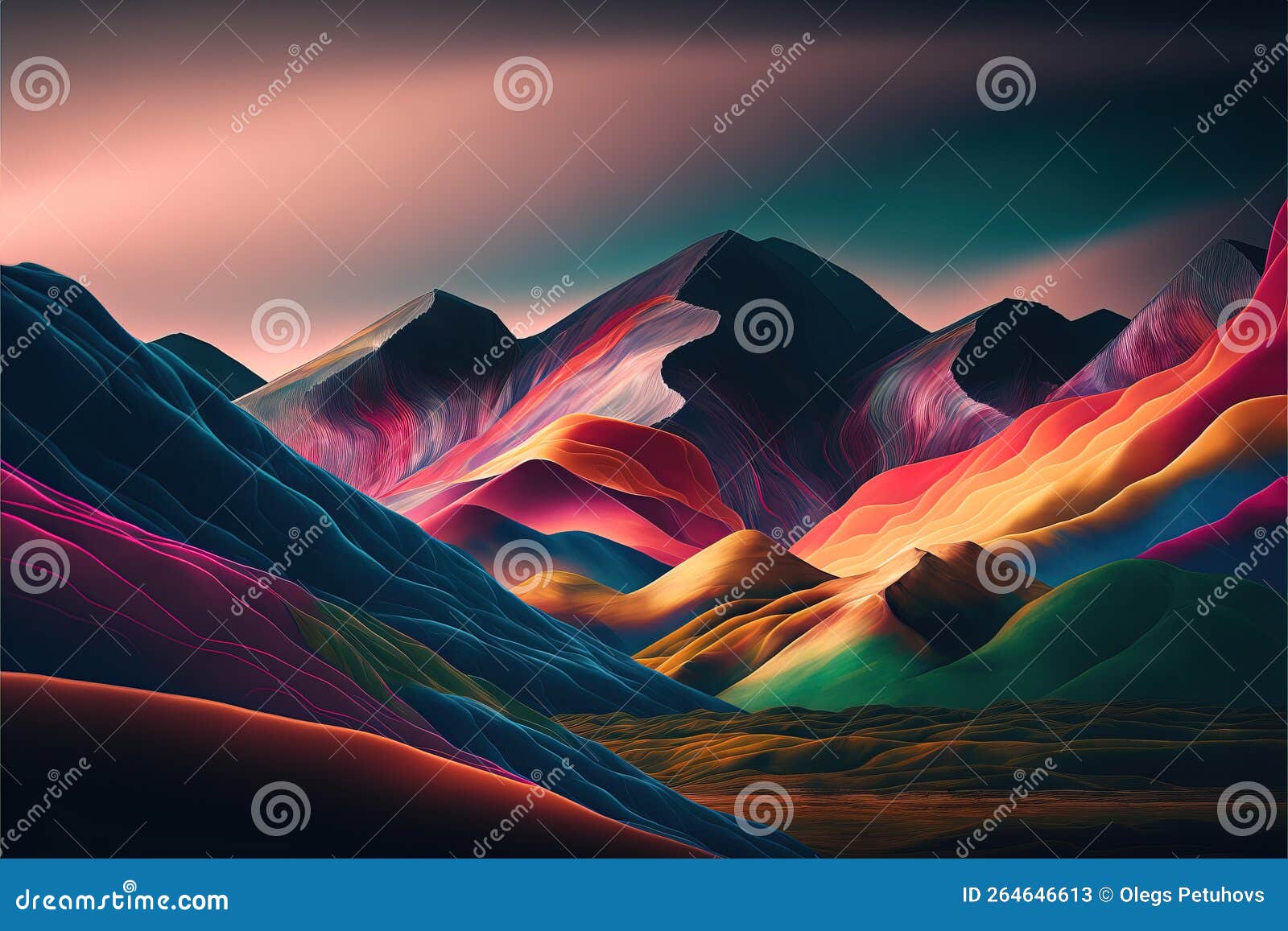 A Painting of a Mountain Range with a Rainbow Colored Sky in the ...