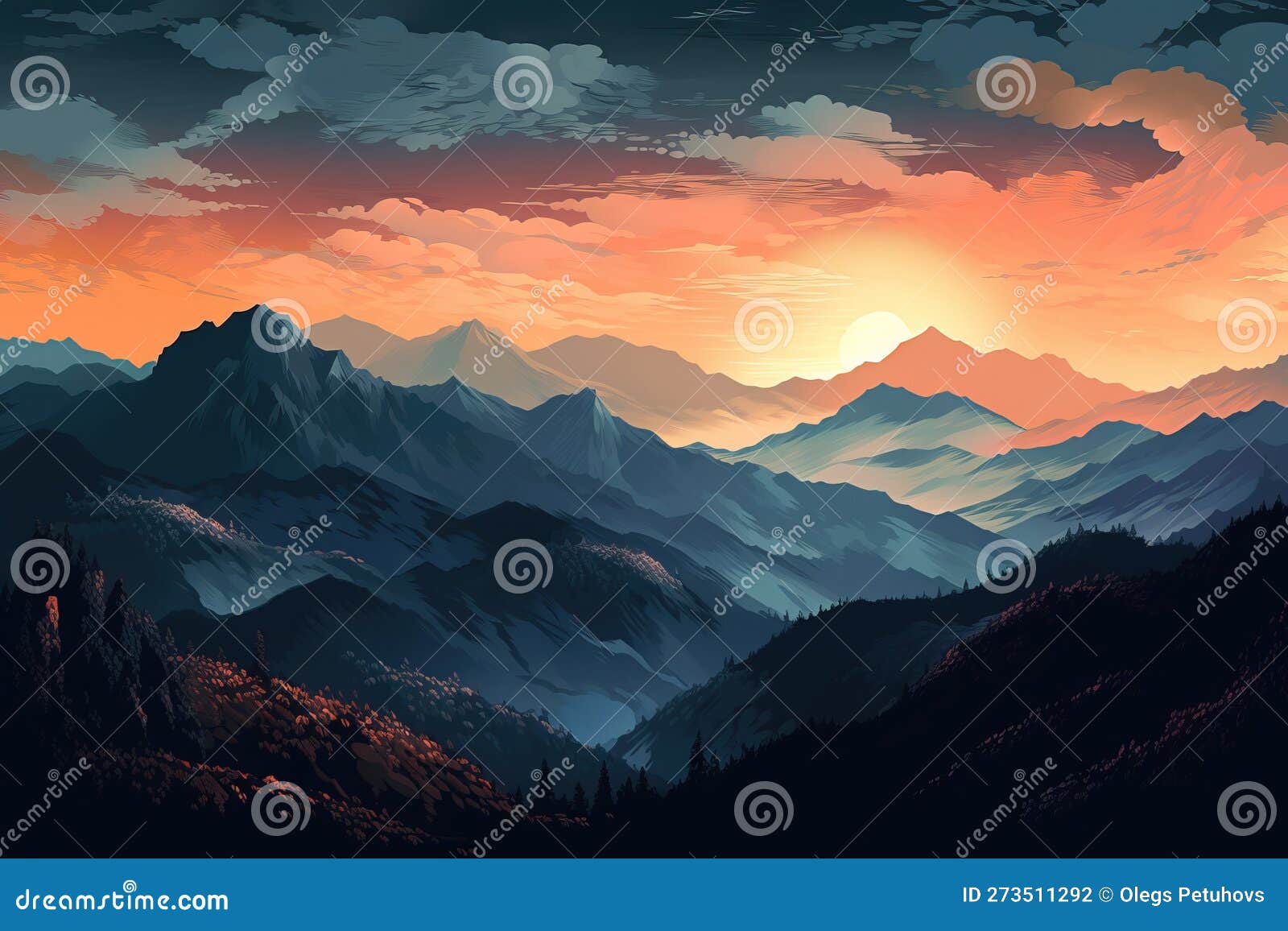 A Painting of a Mountain Range with a Sunset in the Background Stock ...
