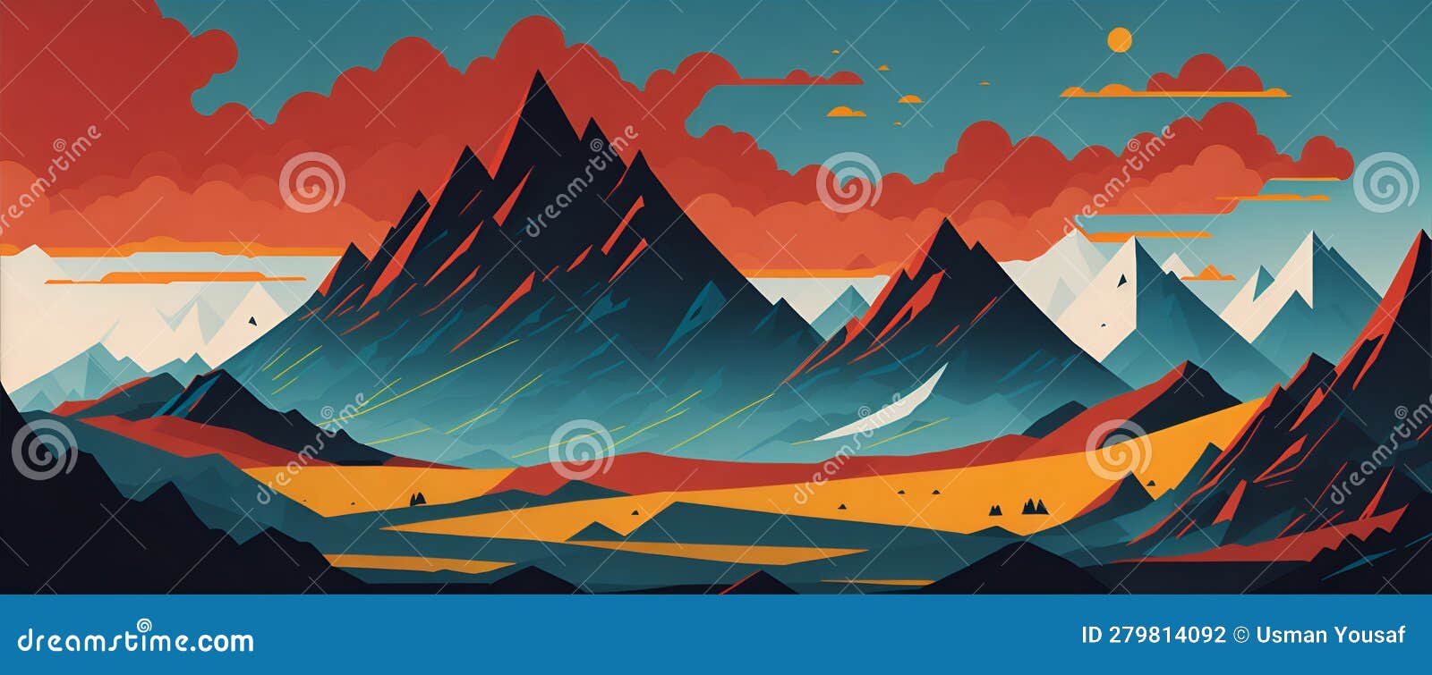 A Painting of a Mountain Range with a Sunset in the Background Stock ...