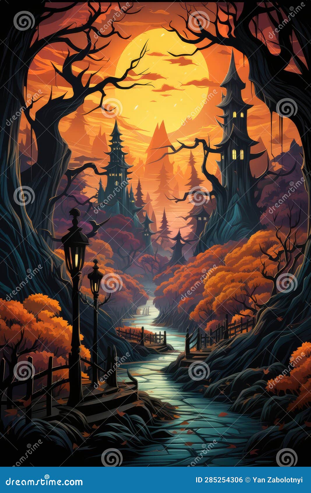 A Painting of a Night Scene with a Path Leading To a Castle Stock ...