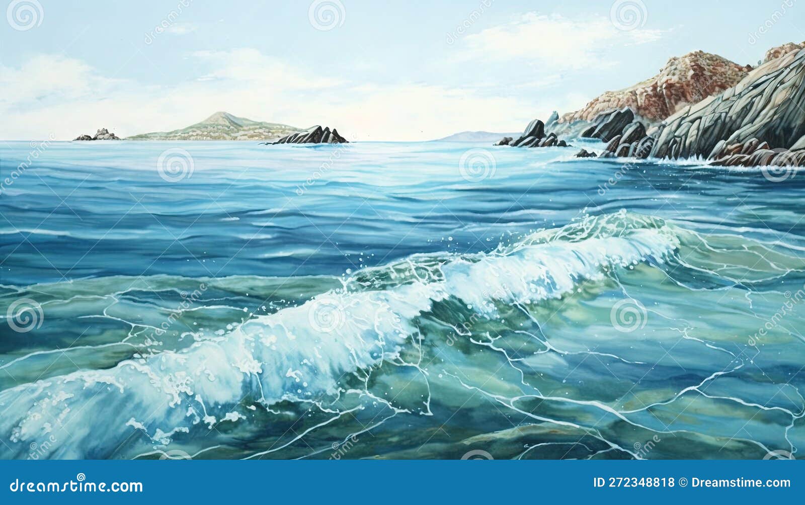 A Painting of the Ocean with a Wave Coming Towards the Shore Stock ...