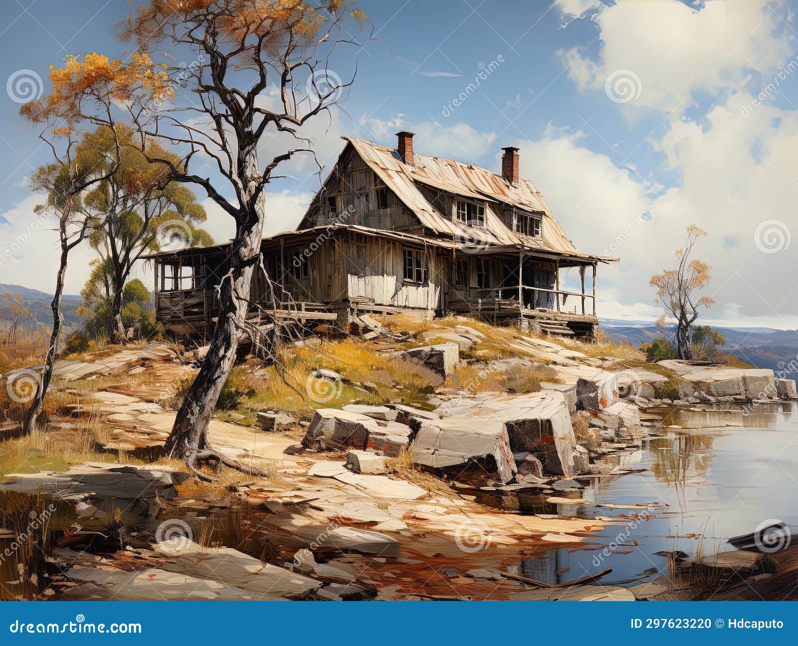 Painting of an Old Abandoned Ranch on the Side of a River Stock ...