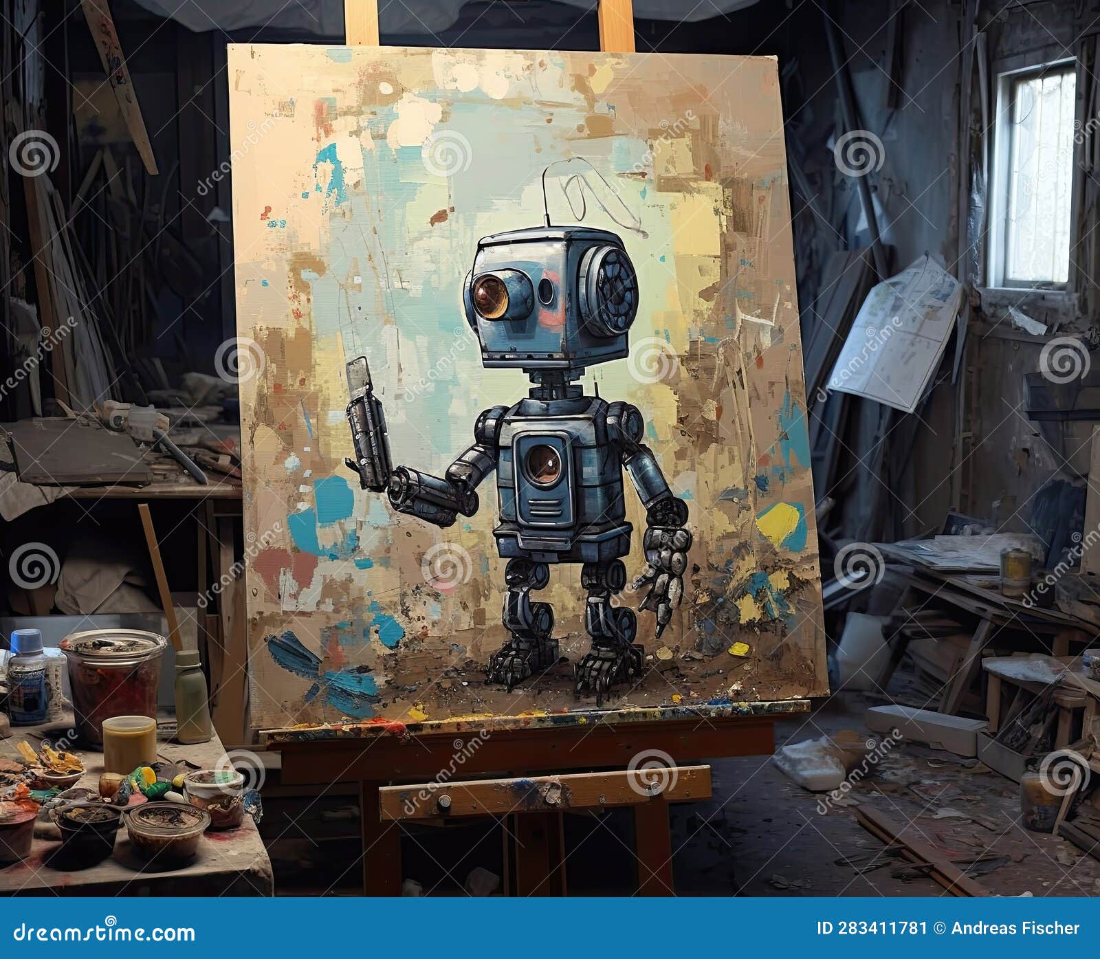 Painting with a Painted Robot in the Workshop. Stock Illustration ...