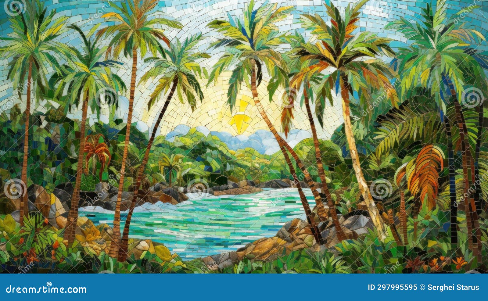 A Painting of Palm Trees and the Ocean, AI Stock Image - Image of tree ...