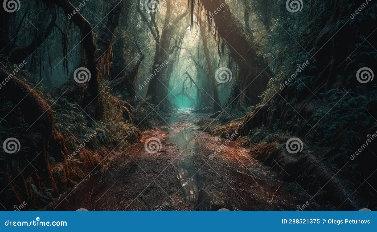 A Painting of a Path in a Dark Forest with a Bright Light Coming ...