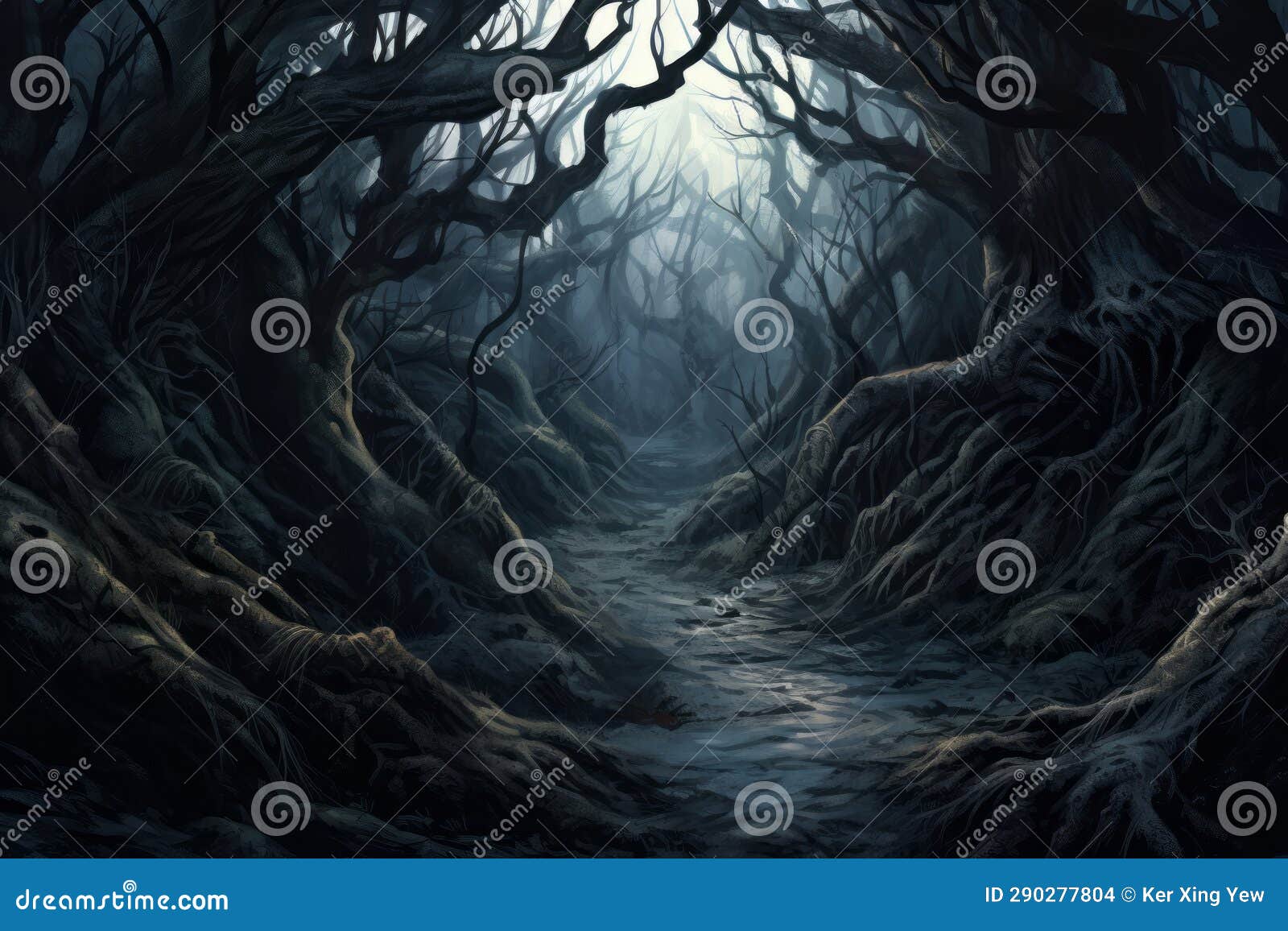 Painting of a Path in a Dark Forest Stock Illustration - Illustration ...