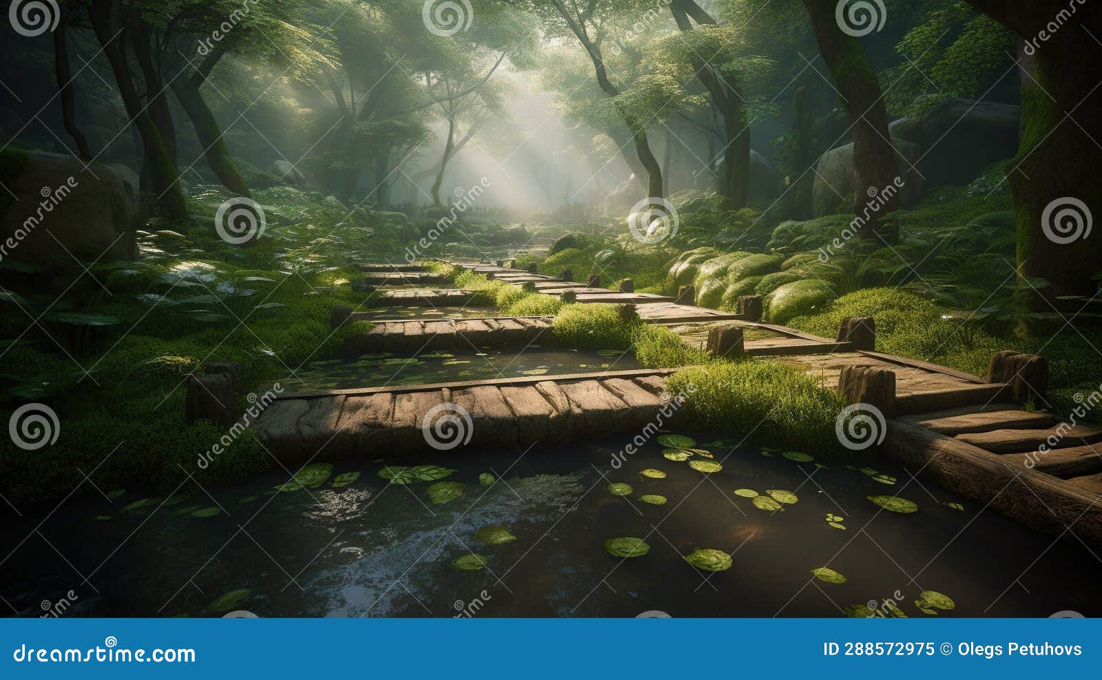 A Painting of a Path through a Forest with Lily Pads Stock Image ...